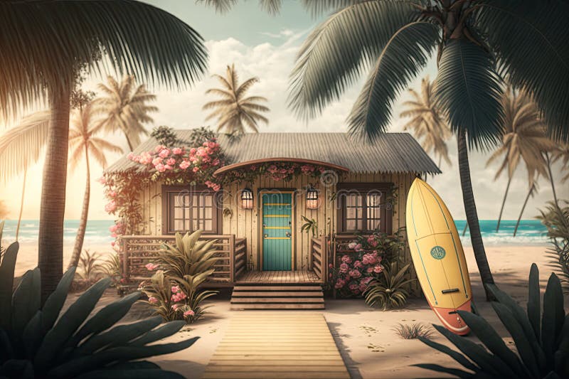 Summer Surf Beach House and Surf Board Stock Image - Image of ...