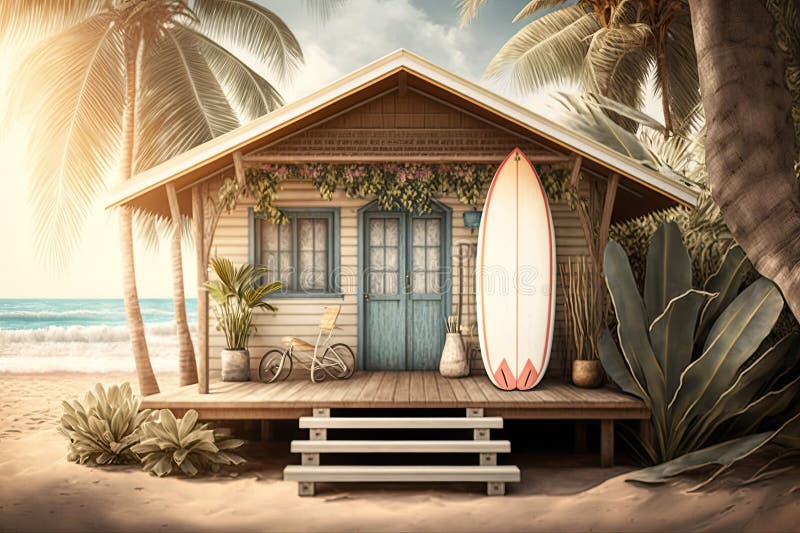 Summer Surf Beach House and Surf Board Stock Image - Image of people ...