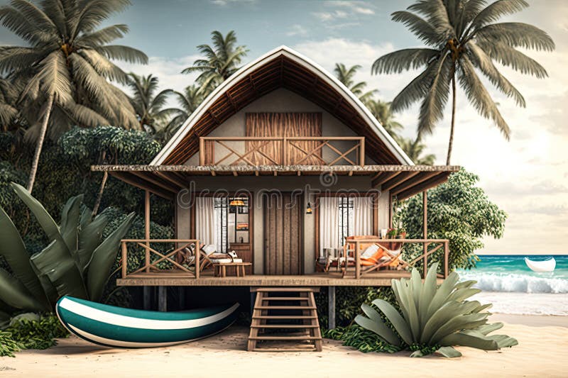 Summer Surf Beach House and Surf Board Stock Photo - Image of beach ...