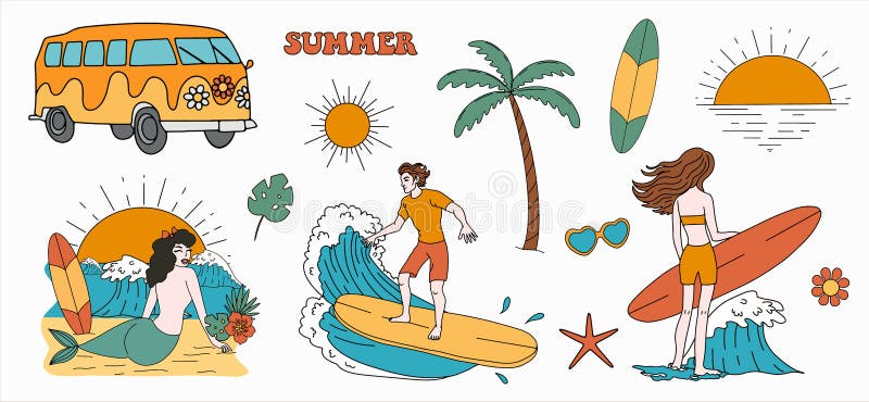 Summer Surf Beach Set in Cartoon Retro Style Stock Vector ...