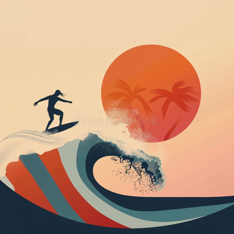 Summer Surfing in Ocean - a Person Surfing on a Wave Stock Illustration ...