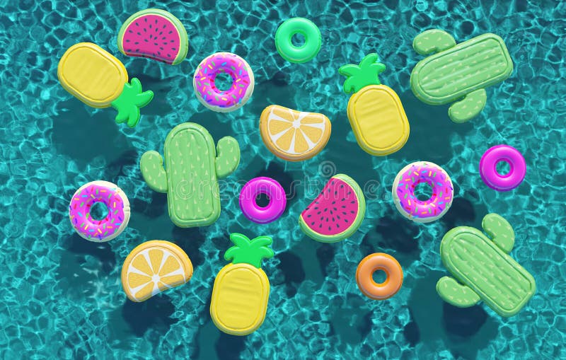 Summer Swimming Pool Full of Fun Pool Floats. Overhead View Stock ...