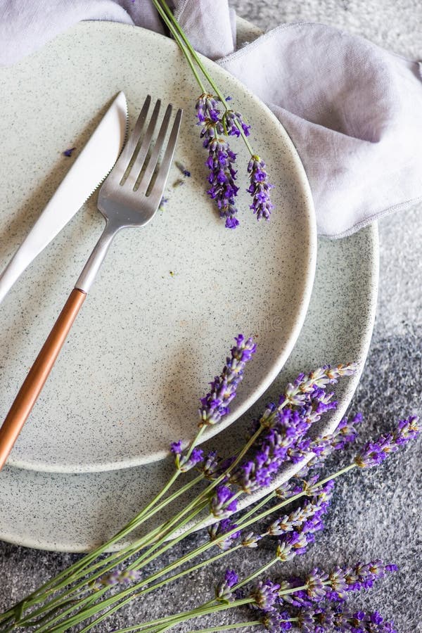 Summer Table Setting with Lavender Flowers Stock Image - Image of ...