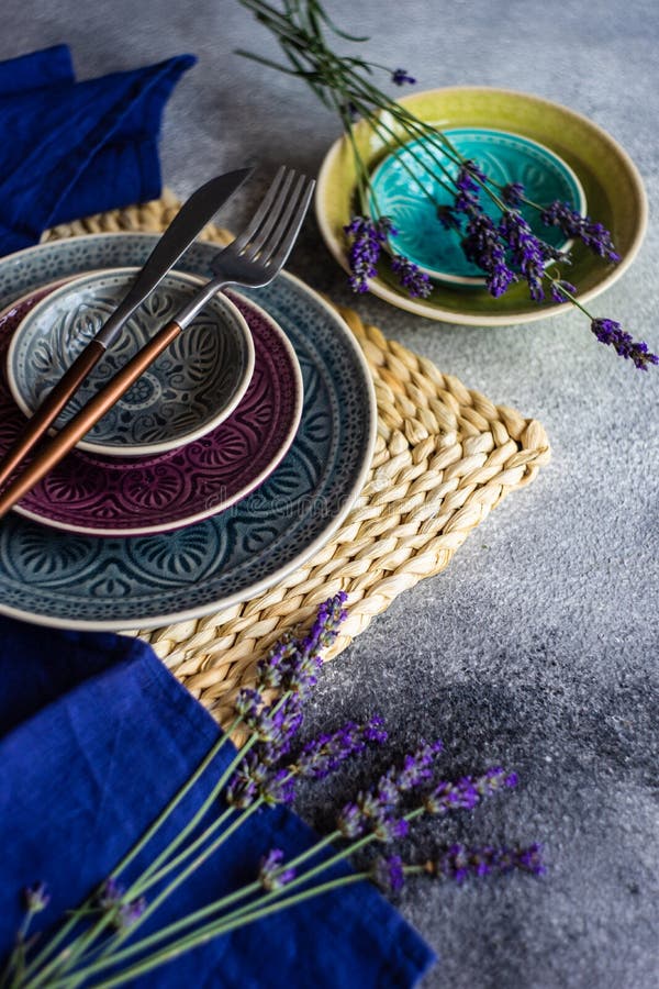 Summer Table Setting with Lavender Flowers Stock Photo - Image of ...