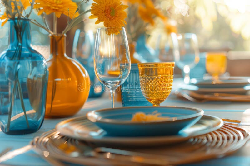Summer Table Settings in Blue, Yellow, Terracotta Colors. Generative AI ...