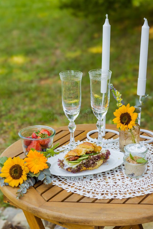 Summer Table with Wine and Snacks Fruit and Croissants Rustic Landscape ...