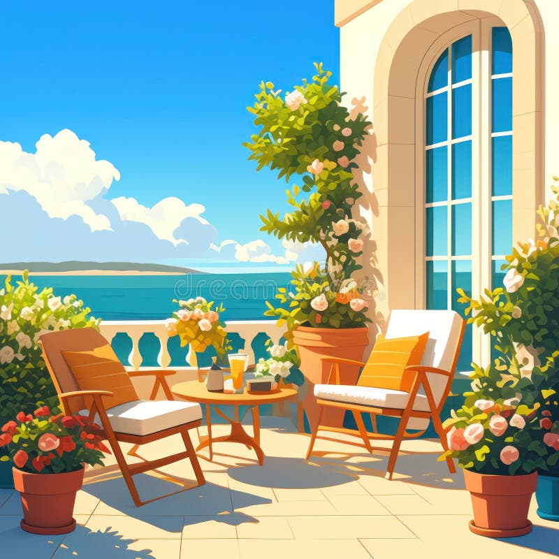 Summer Terrace Illustration with Ocean View Stock Illustration ...