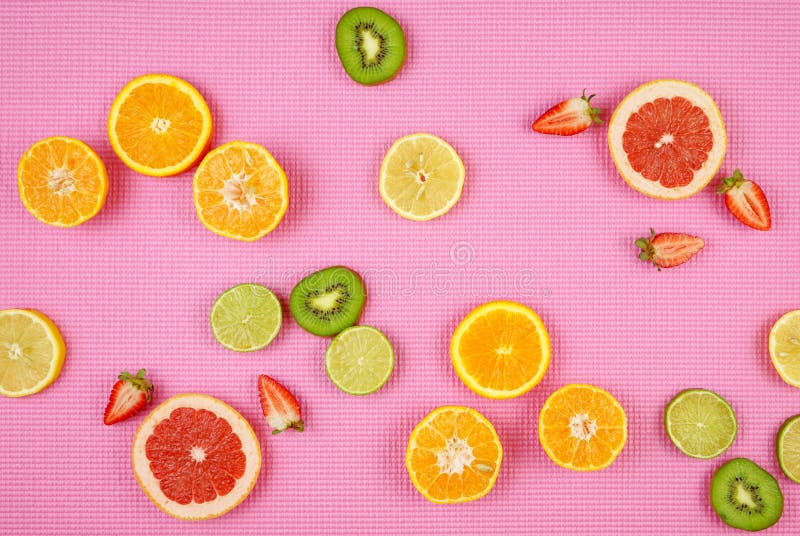 Summer Theme Background with Fruit, Citrus and Flowers on Pink Backdrop ...