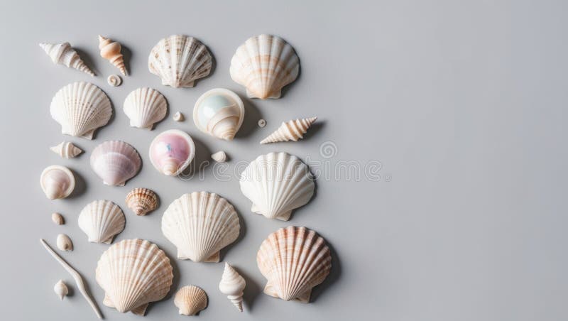 Summer Theme with Sea Shell Flat Lay and Copy Space on Gray Background ...