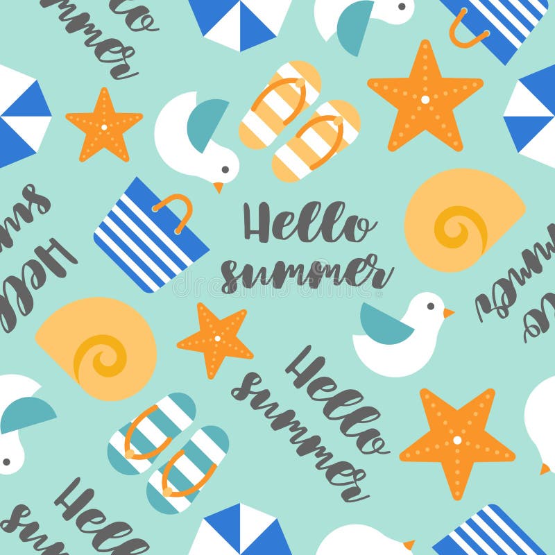 Summer Theme Seamless Pattern with Hello Summer Handwriting, Sta Stock ...