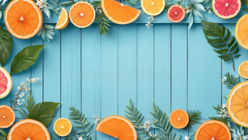 Summer Themed Border Frame on Rustic Pastel Blue Ai Generated Stock ...