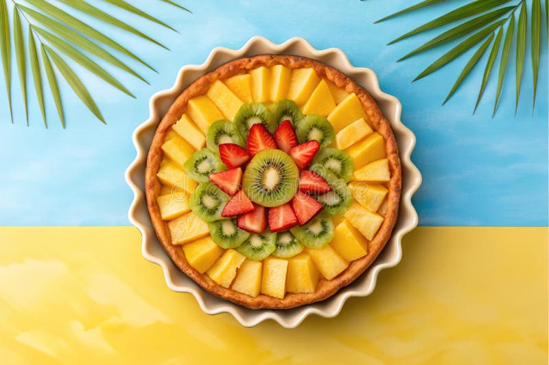 A Summer-Themed Pie with Tropical Fruits in a Sun-Shaped Dish Stock ...