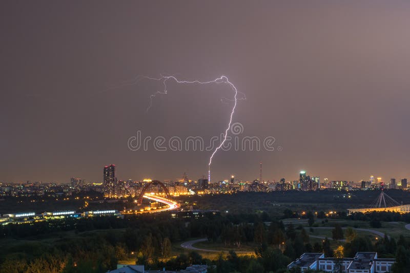 Summer Thunderstorm with Lightning Over City Stock Photo - Image of ...