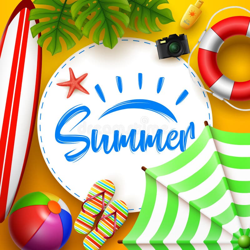 Summer Time Banner Design with White Circle for Text and Beach Elements ...