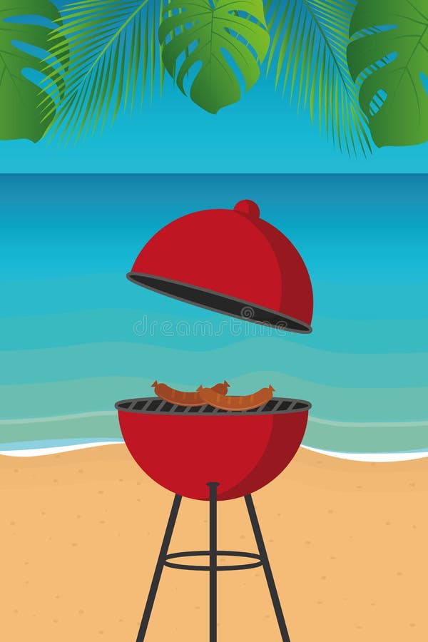 Summer Time Barbeque on the Beach with Palm Leaf Stock Vector ...