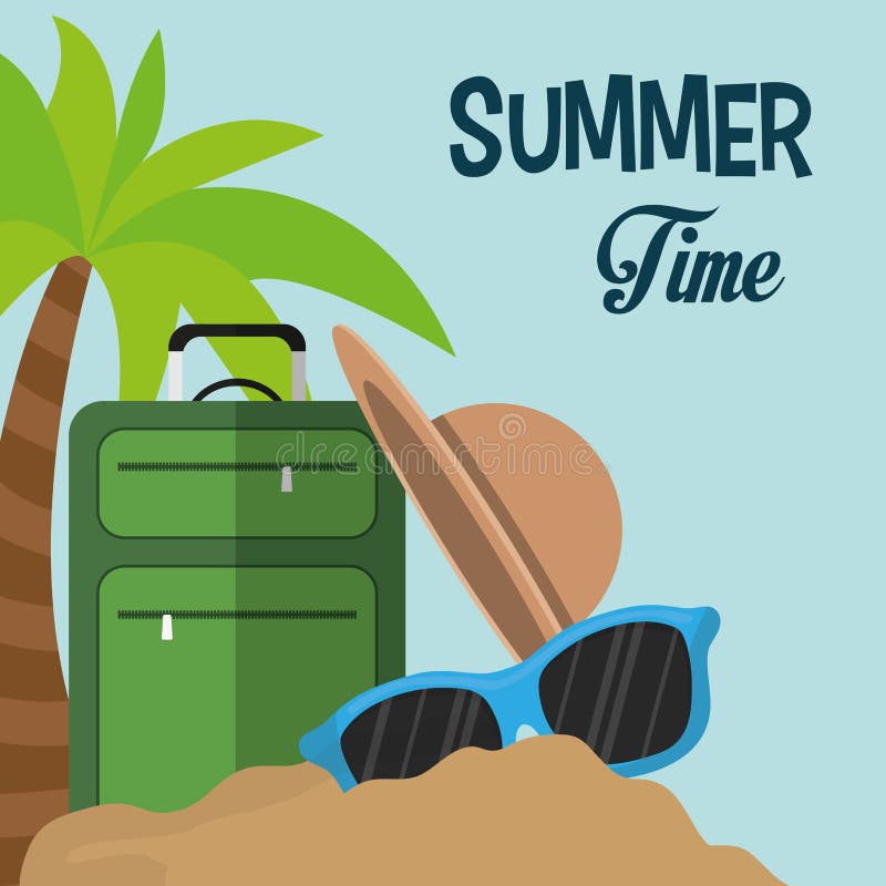Summer Time Card Suitcase Hat Sunglasses Sand Palm Stock Vector ...