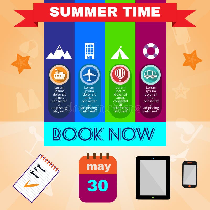 Summer Time Orange Infographic, with Book Now Text, Gadgets and Travel ...