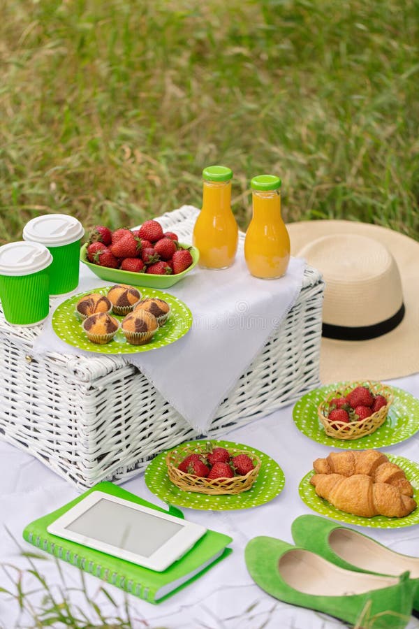 Summer Time: Picnic on the Grass - Coffee and Croissants, Juice Stock ...