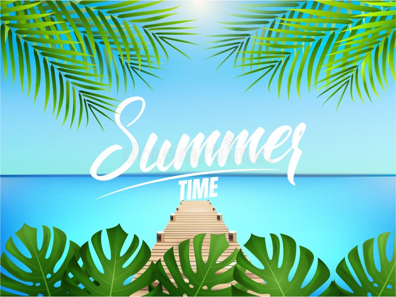 Summer Time Poster. Summer Illustration with Palms, Pier and Ocean ...
