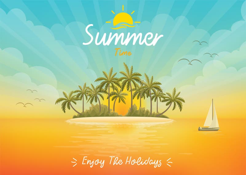 Summer Time Poster with Tropical Island View Background Stock Vector ...