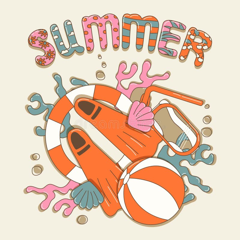 Summer Time Print, Cool Set of Objects for the Beach, Pool, Diving ...