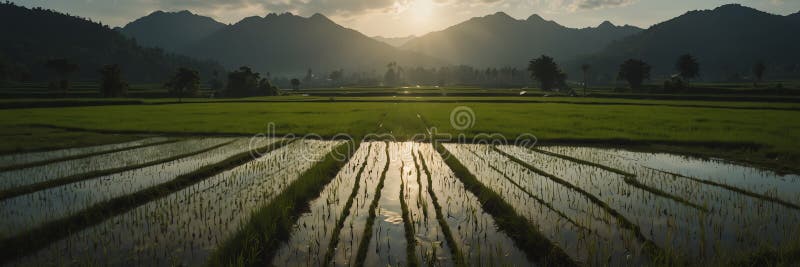 Summer Time in Rice Fields Panoramic Wide Ai Generated Stock ...