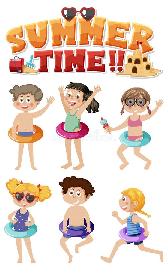 Summer Time Text with Kids Characters Set Stock Vector - Illustration ...