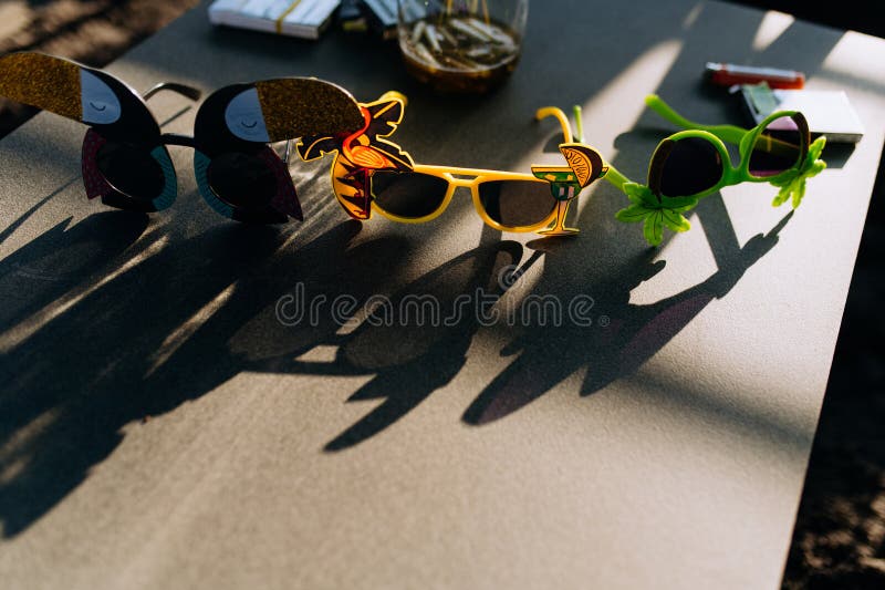 Summer Time, Themed Party. Colorful Fun Sunglasses on the Table. Stock ...