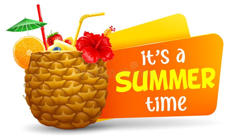 Summer Time Title with Exotic Cocktail in Pineapple Stock Vector ...