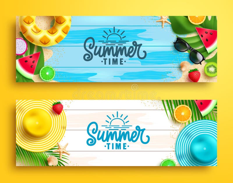 Summer Time Vector Banner Set Design. Summer Time Text with Beach ...