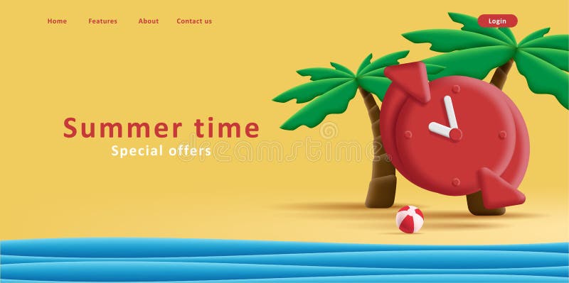 Summer Time Web Banner with Palms and Clock Watch Stock Vector ...