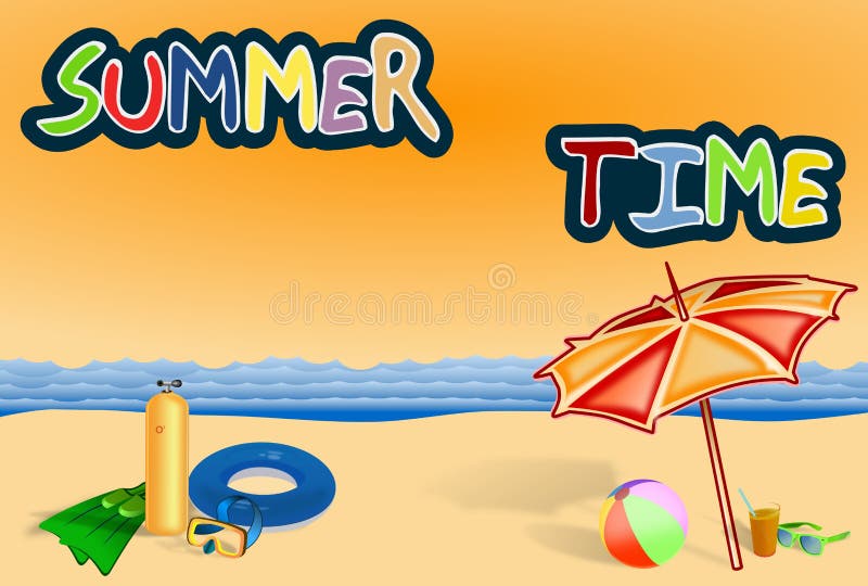 Summer Time Writing with Beach Gears and Sea Stock Illustration ...