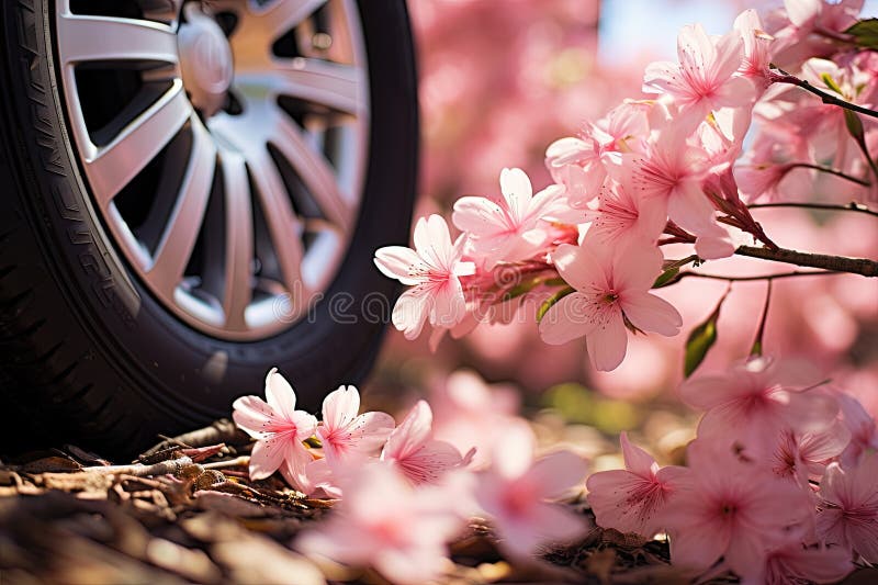 Summer Tires in the Blooming Spring. Generative AI. Stock Illustration ...