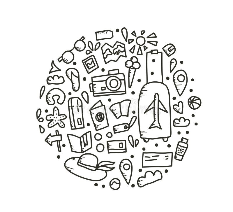Summer Travel Doodle Style Circle Composition. Elements of Rest ...