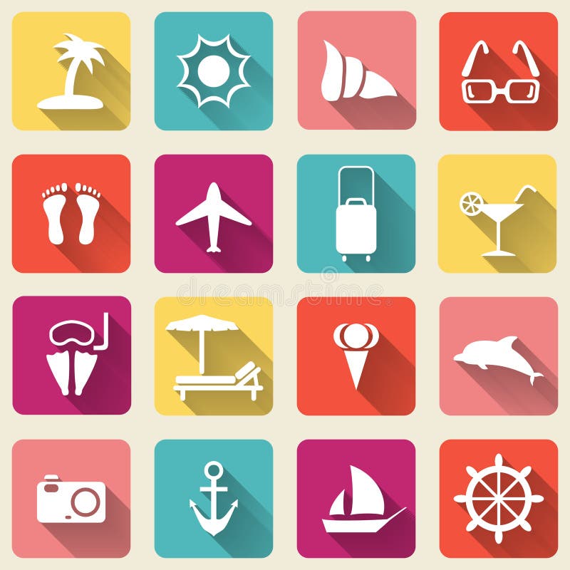 Summer Travel Icons Long Shadow Stock Vector - Illustration of ...