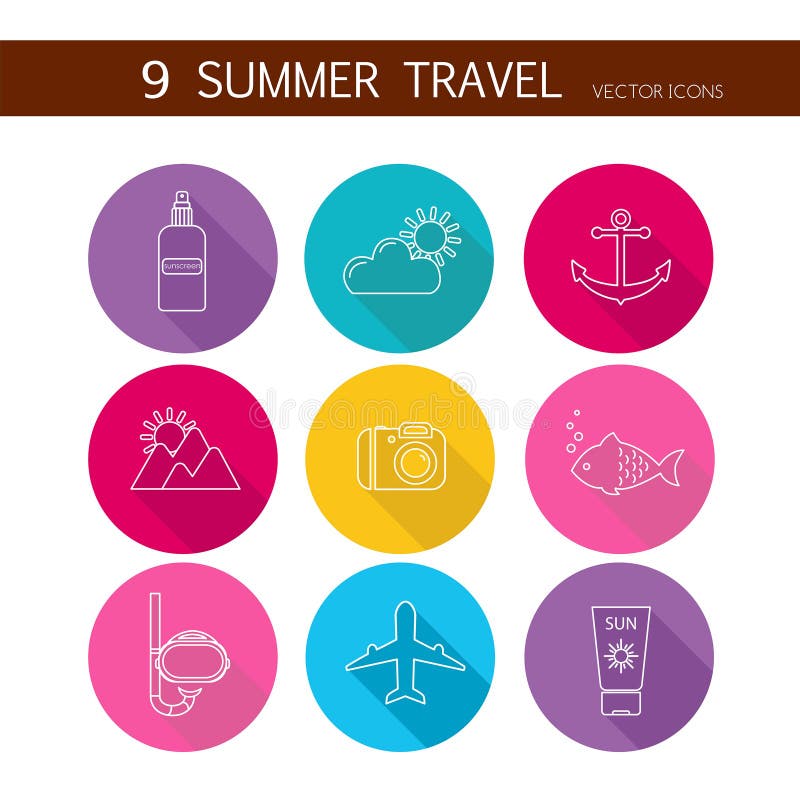 Summer Travel Icons Set Vector. Stock Vector - Illustration of vector ...