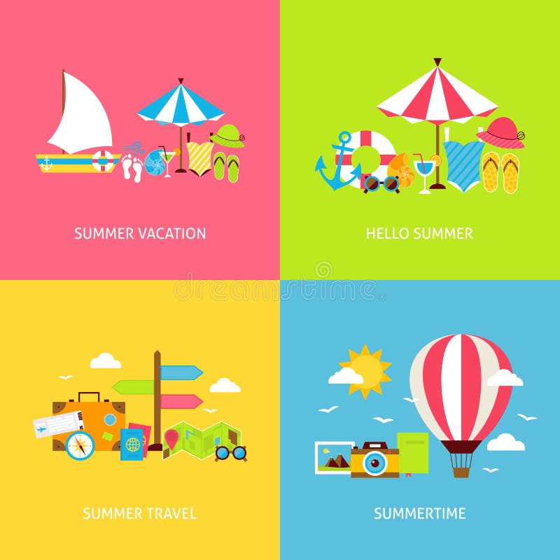 Summer Travel Vector Flat Concepts Set Stock Vector - Illustration of ...