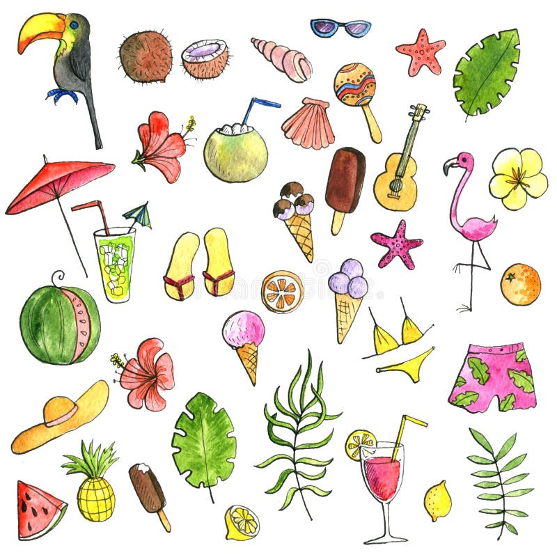 Summer Tropical Beach Doodle Set Stock Illustration - Illustration of ...