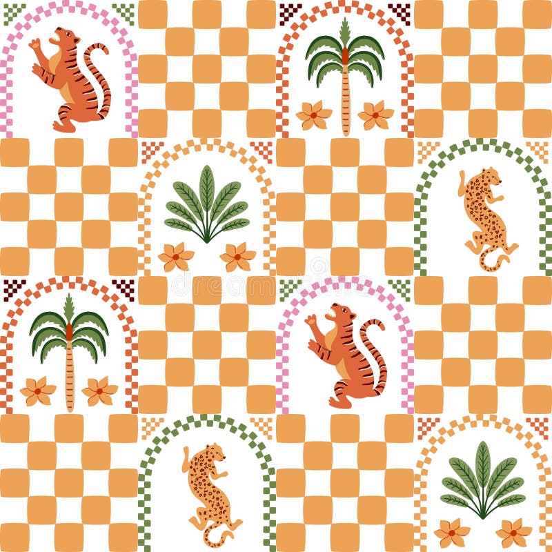 Summer Tropical Checkered Pattern with Chess, Tiger, Jaguar, Palm Tree ...