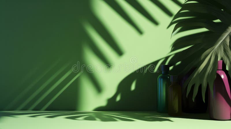 Summer Tropical Leaf with Shadow on a Green Wall. Product Display ...