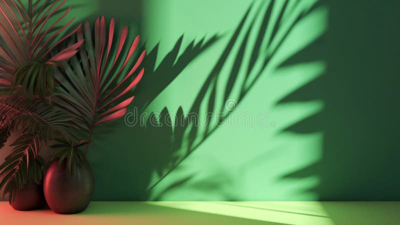 Summer Tropical Leaf with Shadow on a Green Wall. Product Display ...