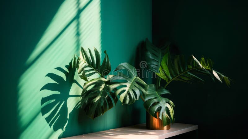 Summer Tropical Leaf with Shadow on a Green Wall. Product Display ...