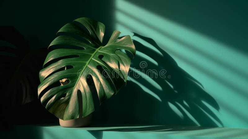 Summer Tropical Leaf with Shadow on a Green Wall. Product Display ...