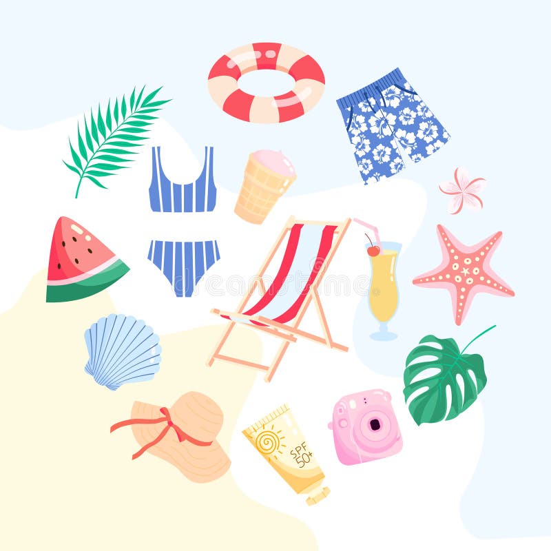 Summer Vacation Collection, Summer Beach Colorful Set Vector ...