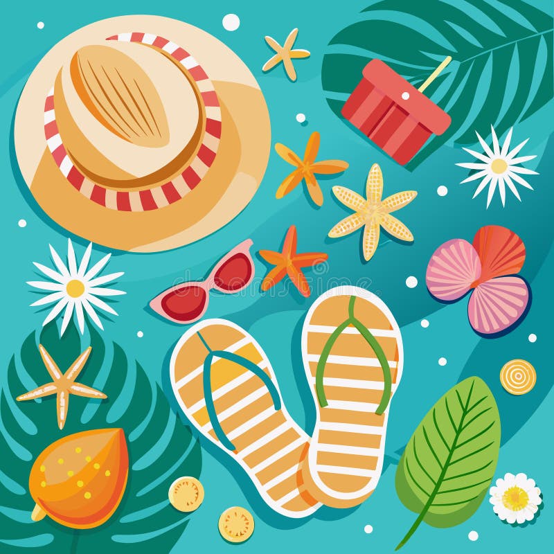 Summer Vacation Essentials on a Blue Background with Tropical Leaves ...
