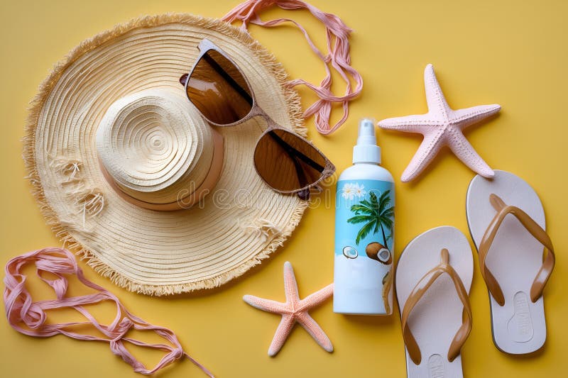Summer Vacation Essentials Lay Flat with Sun Protection and Beach ...