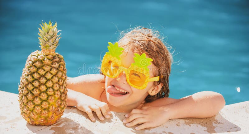 Summer Vacation, Funny Kid Having Fun in Pool. Cute Kid in Swimming ...