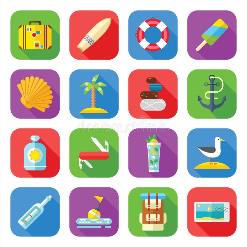 Summer Vacation Icon Set in a Flat Design Stock Vector - Illustration ...