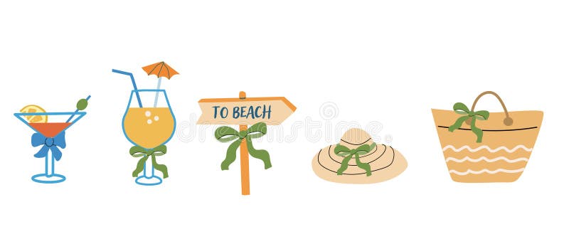 Summer Vacation Icons Featuring Beach Signs, Refreshing Drinks, and ...