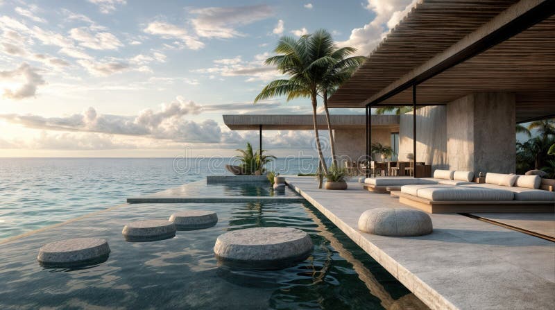 Summer Vacation at Poolside. Veranda Decorated with Deck Chairs with an ...